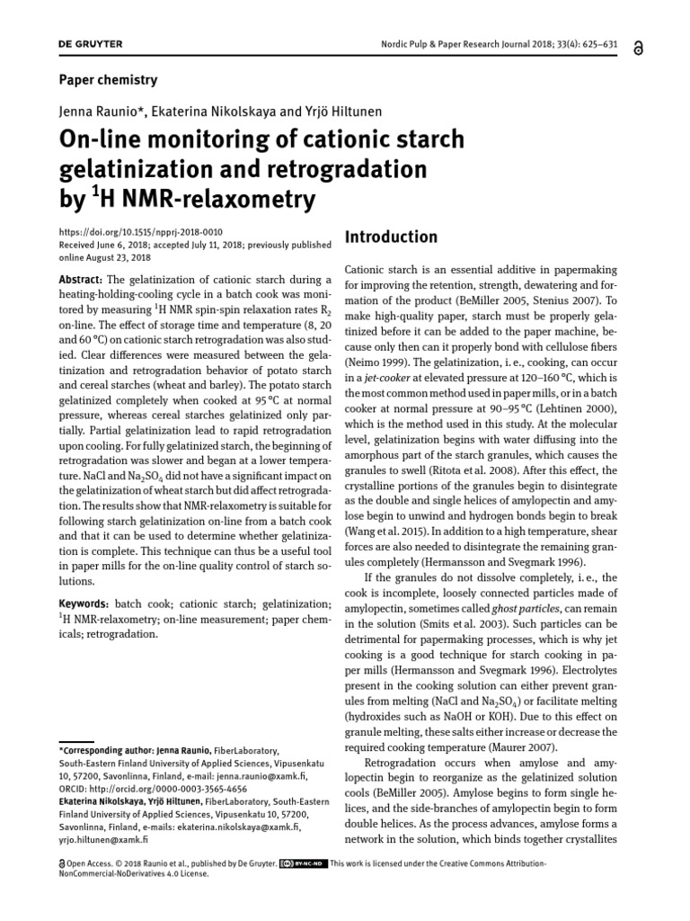 On-Line Monitoring of Cationic Starch Gelatinizati | PDF | Starch ...