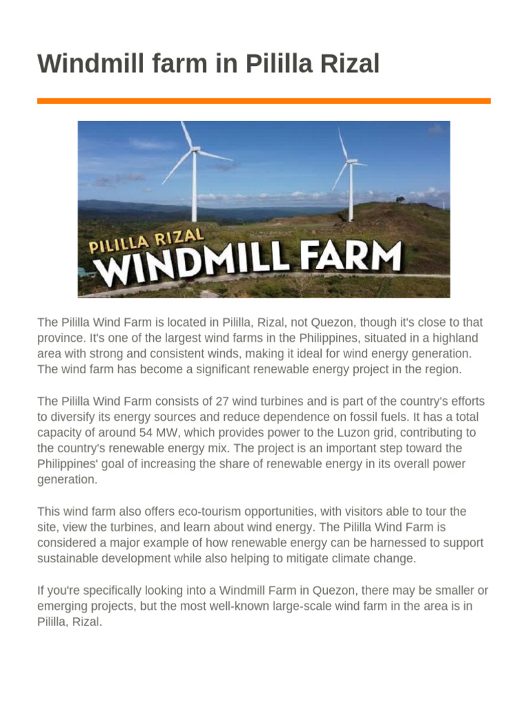 Pililla Rizal Wind Farm Overview | PDF
