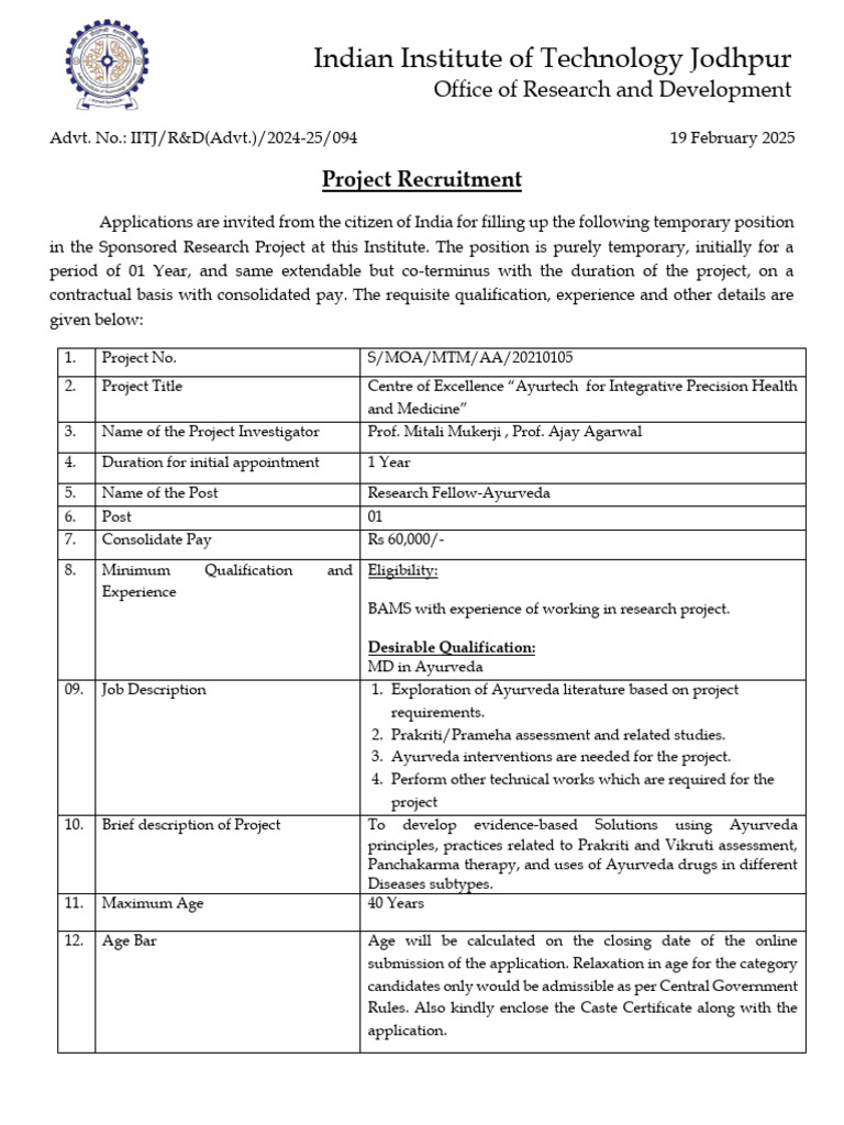 IITJ RD (Advt.) 2024-25 094 | PDF | Ayurveda