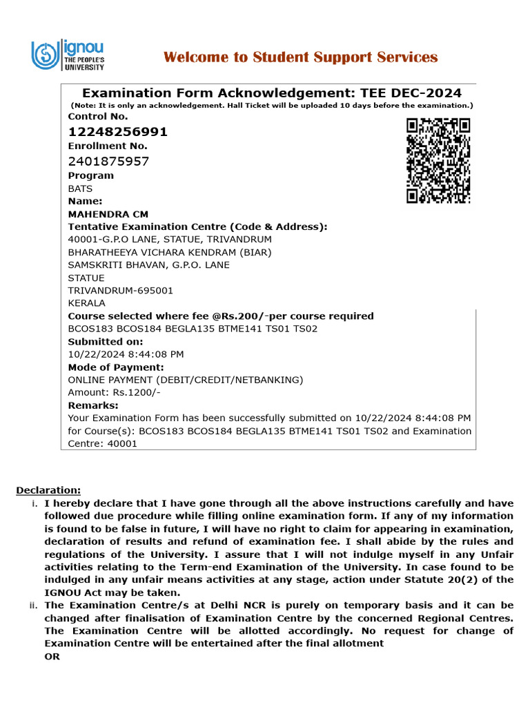 IGNOU: Examination Form Acknowledgement | PDF