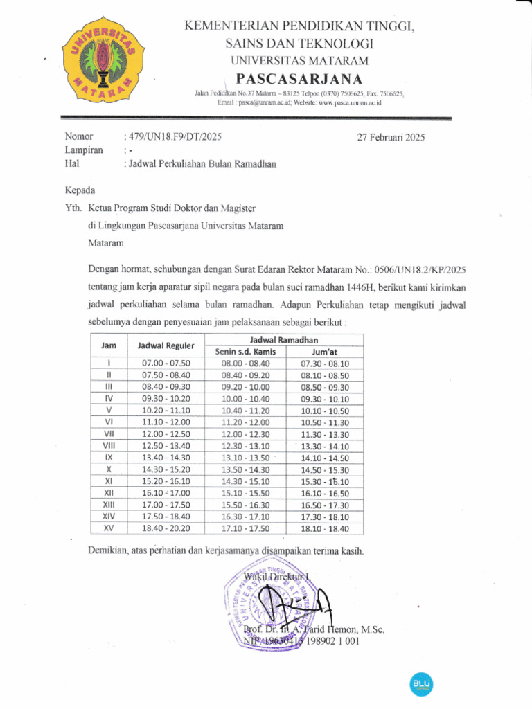 Jadwal Perkuliahan MAP Selama Bulan Ramadhan 2024-2025 Genap | PDF