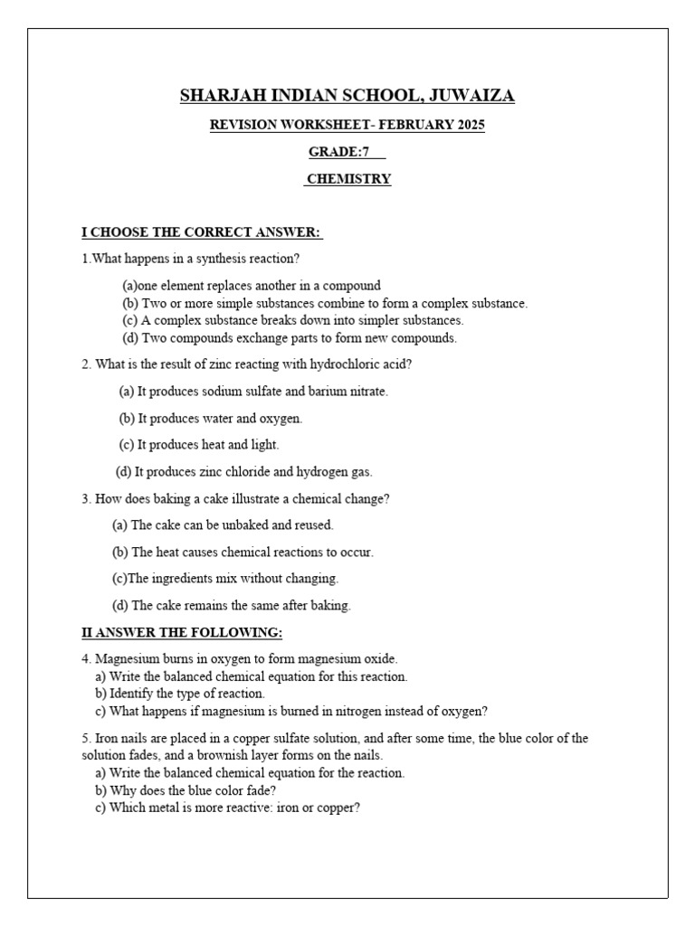 GRADE 7-Chemistry-Revision Worksheet-General | PDF | Chemical Reactions ...