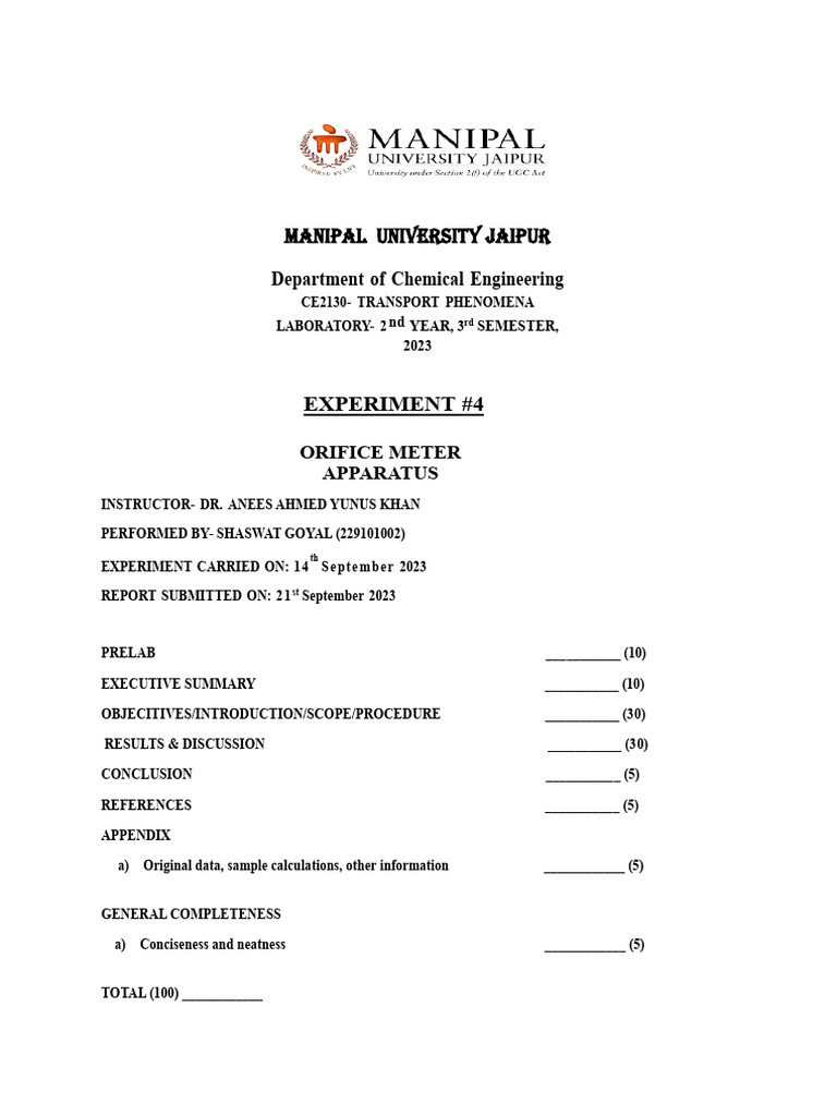 Shaswat Goyal Lab1 Report 4 | PDF | Flow Measurement | Dynamics (Mechanics)