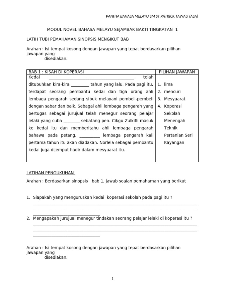 Modul Novel Bahasa Melayu Sejambak Bakti Tingkatan 1 | PDF