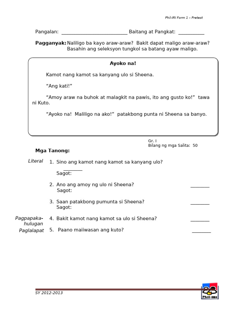 Oral Fluency Test Passage Grade 1 and Phil Iri Oral Reading Passages ...