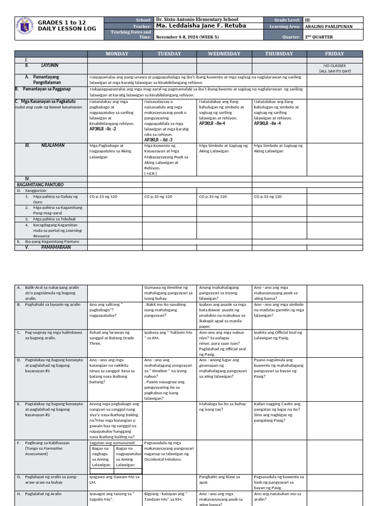 DLL - Araling Panlipunan 3 - Q2 - W5 | PDF