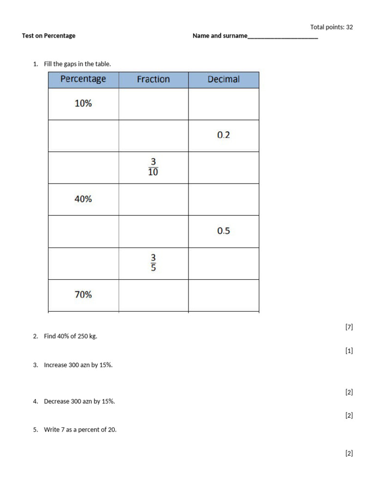 Test On Percentage Name and Surname | PDF