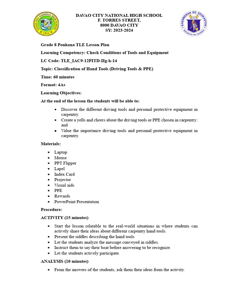 Lesson-Plan-Driving-Tools-and-PPE | PDF | Critical Thinking | Learning