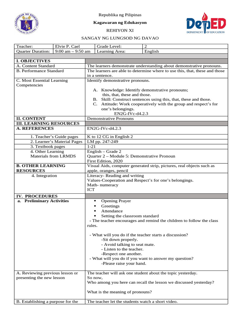Grade 2 English: Demonstrative Pronouns | PDF | Learning | Teachers