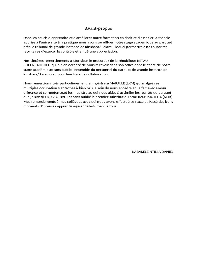 Rapport de stage au parquet de Kalamu | PDF | Loi criminelle | Tribunaux