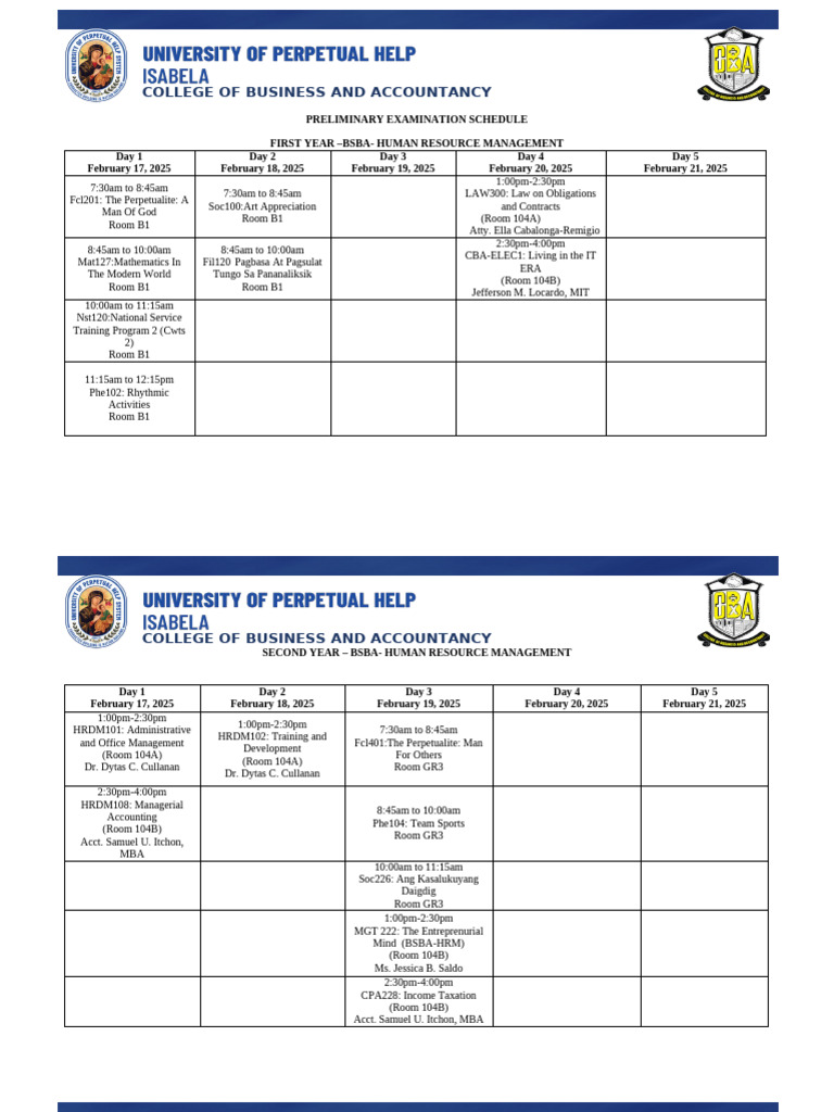 BSBA-PRELIM-SCHEDULE-2ND-SEM-2024-2025 | PDF | Business