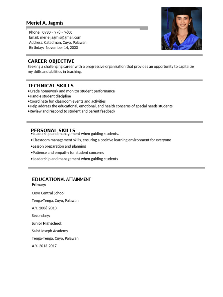 Fresh Graduate Teaching Resume | PDF
