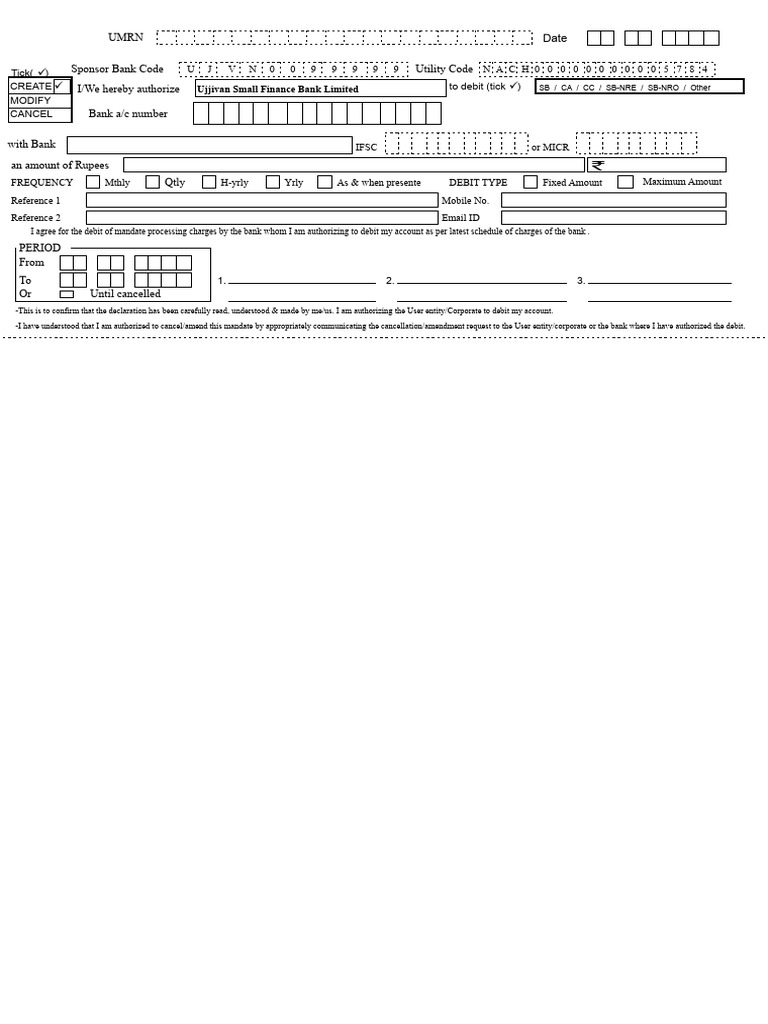 Ujjivan Bank Debit Mandate Authorization | PDF
