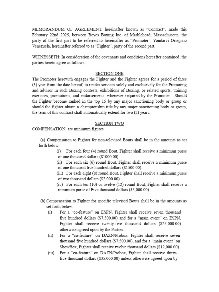Reyes Boxing Promotion Yondarvi Ortegano Contract | PDF | Expense | Justice