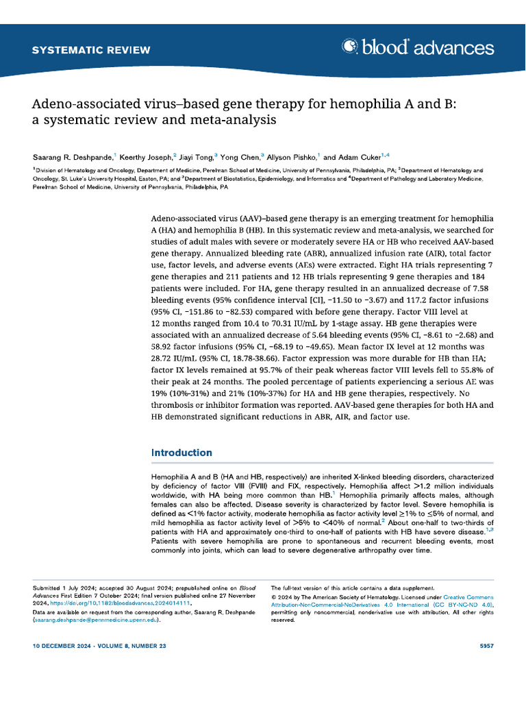Adeno-Associated Virus-Based Gene Therapy For Hemophilia A and B | PDF