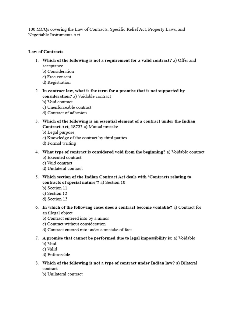 100 MCQs Covering The Law of Contracts Questions | PDF | Negotiable ...