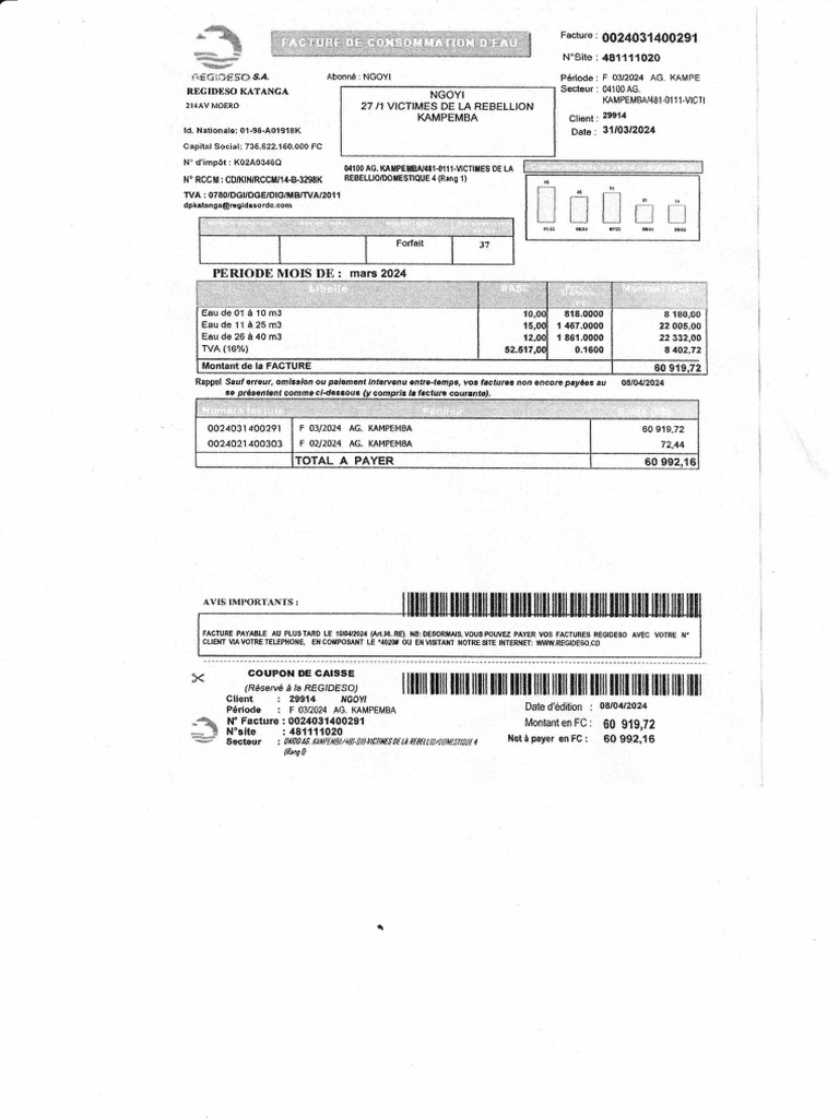 Factures SNEL & REGIDESO_20240410_0001 | PDF