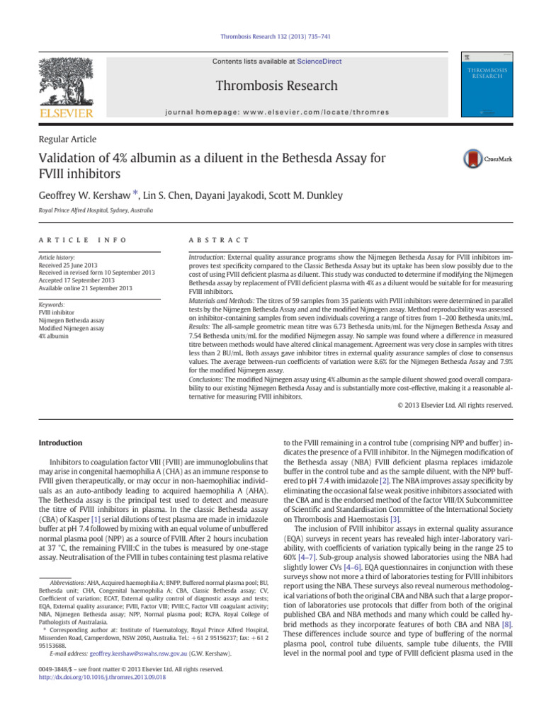 Validation of 4% Albumin As A Diluent in The Bethesda Assay For FVIII ...