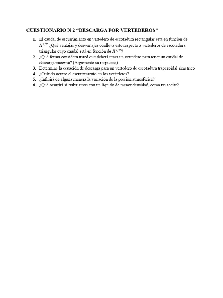 CUESTIONARIO N 2 Descarga Por Vertederos 12025 | PDF