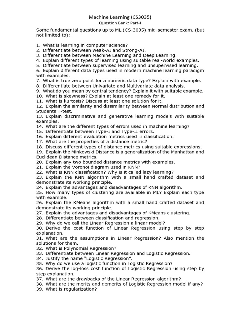 ML CS3035 Question Bank Part I | PDF | Regression Analysis | Linear ...