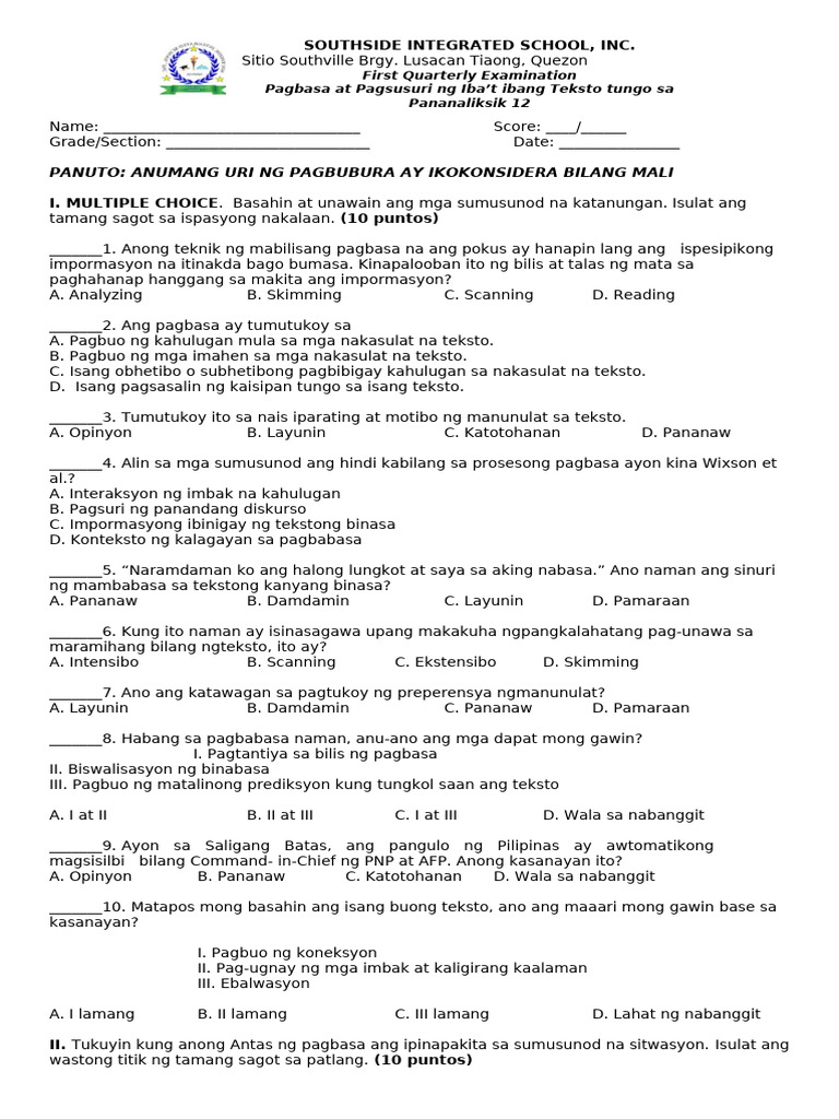 PAGBASA-AT-PAGSUSURI-GRADE12-EXAMINATION | PDF