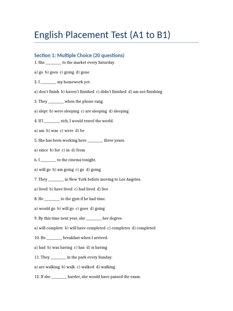 English Placement Test A1 To B1 | PDF
