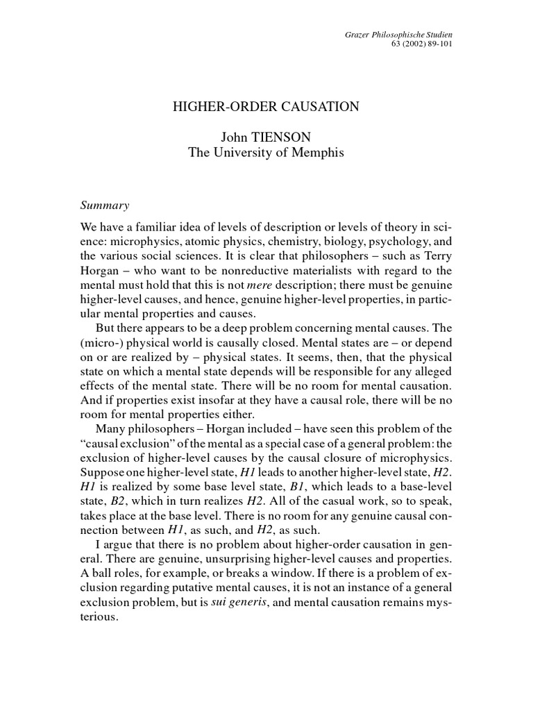 Tienson J. 2002. HIGHER-ORDER CAUSATIONpdf | PDF | Causality | Concept