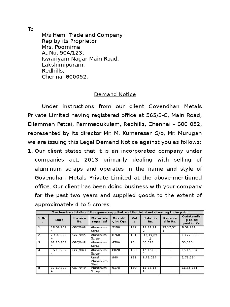 Demand Notice-Govendan Limited | PDF | Interest | Scrap