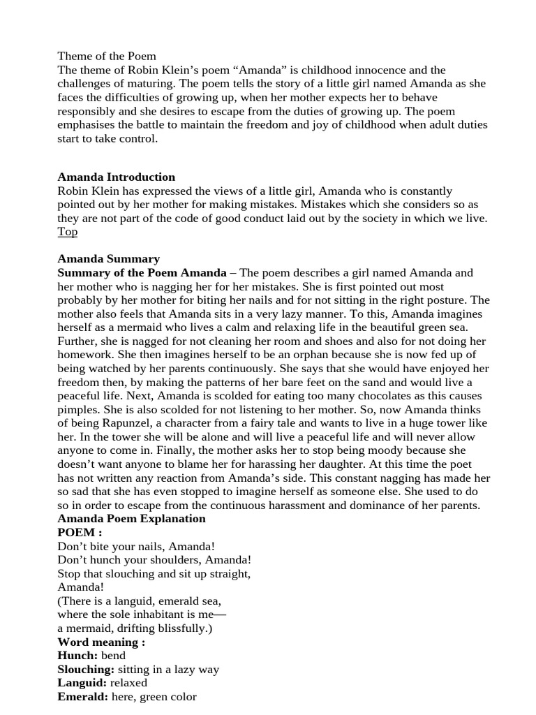 Class 10 English Poem 6 Amanda | PDF | Rhyme | Rapunzel