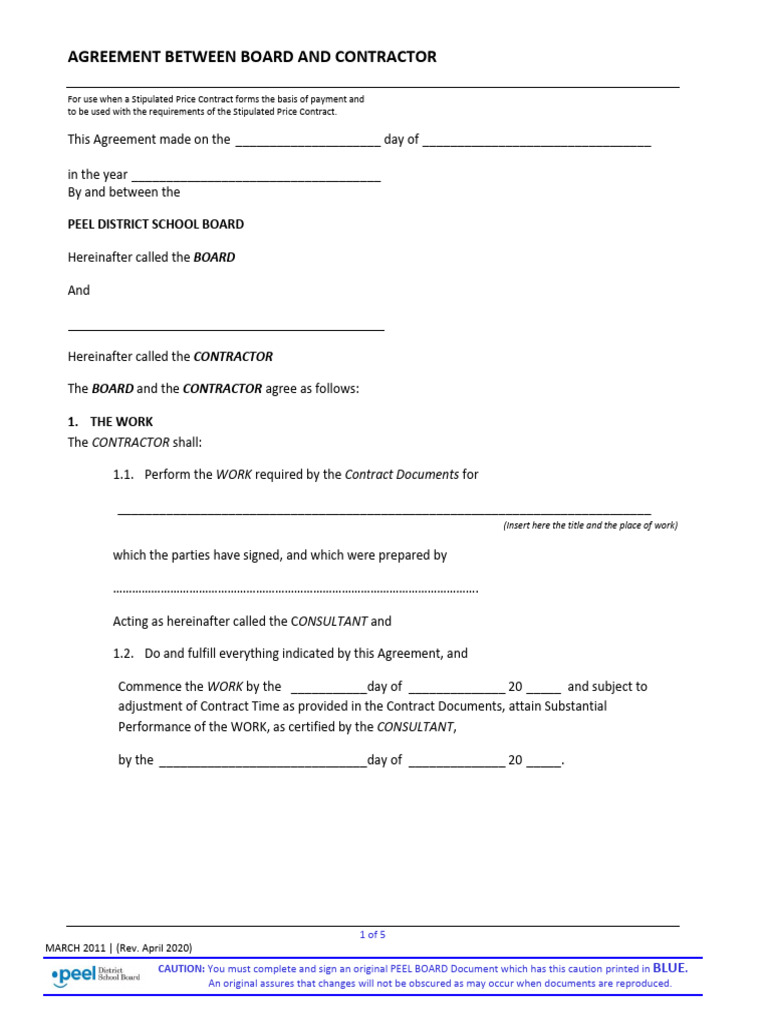 APPENDIX A - Agreement Between The Board and Contractor 2020 | PDF ...