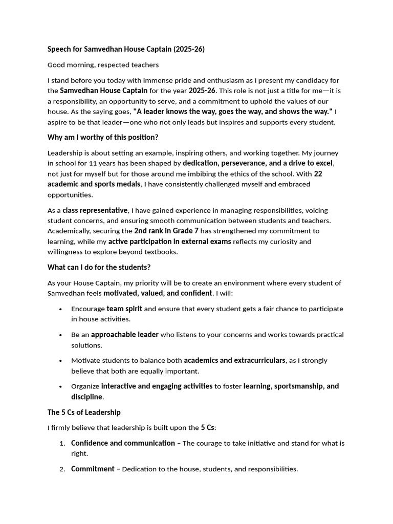Speech For Samvedhan House Captain | PDF | Creativity | Leadership