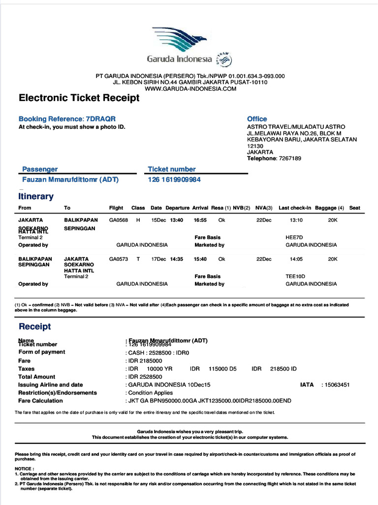 Electronic Ticket Receipt Electronic Ticket Receipt: Itinerary | PDF