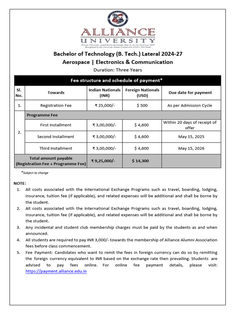 B.Tech Lateral Fee Structure 2024-27 | PDF