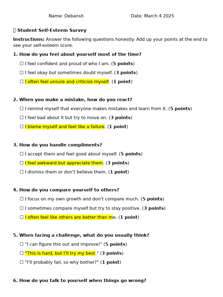 Self-Esteem Survey | PDF | Self Esteem | Social Psychology