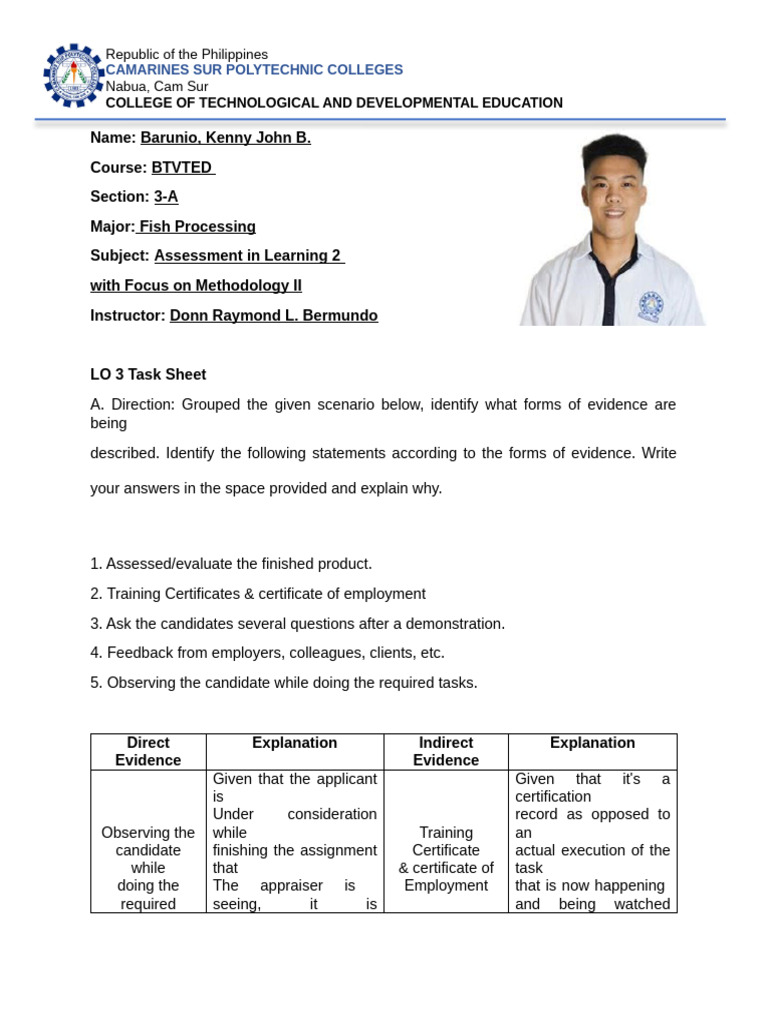 BARUNIO - LO 3 Task Sheet | PDF | Evidence | Learning