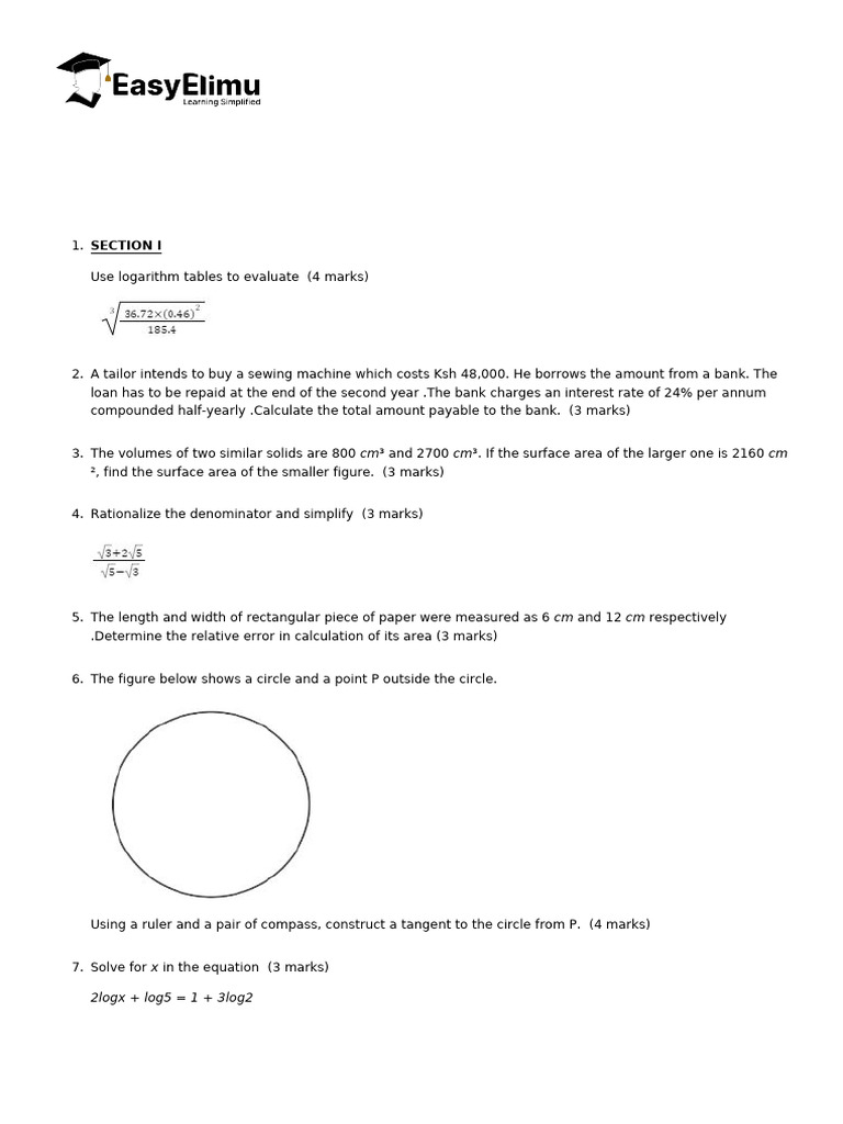 Form 3 Maths Term 3 Exam Paper 2024 | PDF | Circle | Area