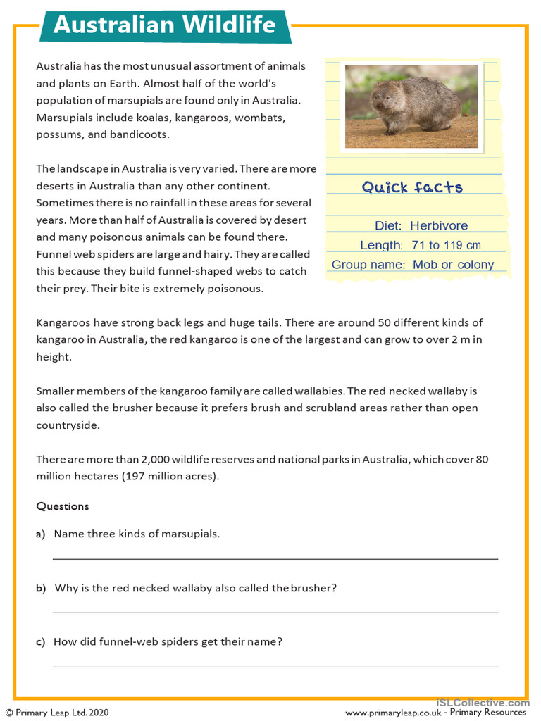 Reading Comprehension - Australian Wildlife | PDF | Fauna Of Australia ...