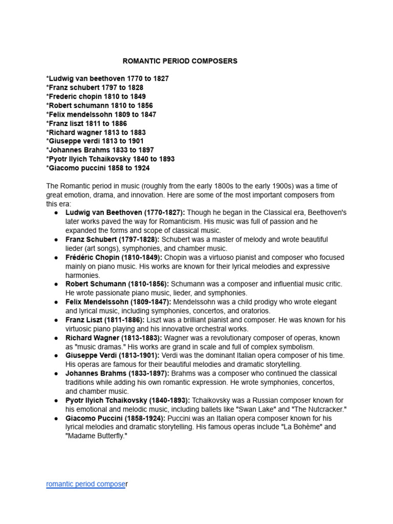 Romantic Period Composer | PDF | Romantic Music | Classical Music