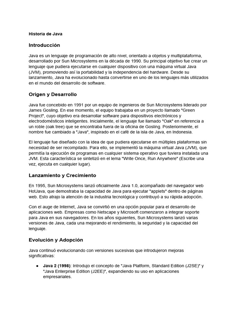 Historia JAVA | PDF | Java (lenguaje de programación) | máquina virtual de Java