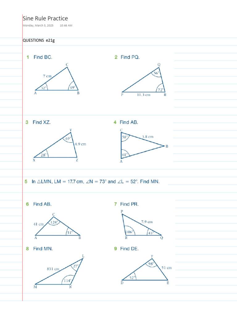 Sine Rule Practice Questions and Answers | PDF