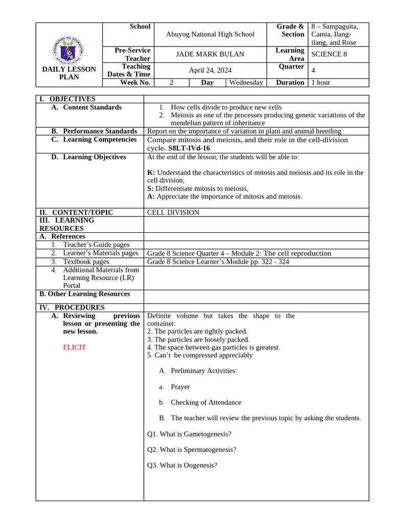 Lesson 20 Plan 20 Day 2010204 TH | PDF | Meiosis | Sexual Reproduction