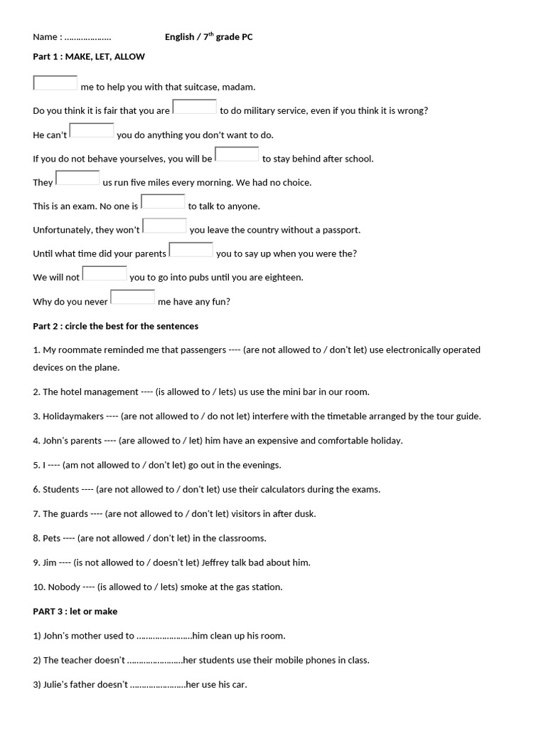 7th Grade English: Make, Let, Allow Exercises | PDF