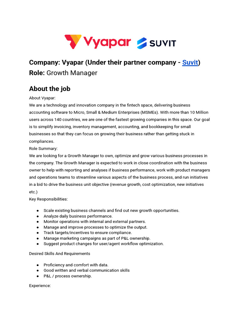 Vyapar (Suvit) - Growth Manager - JD | PDF