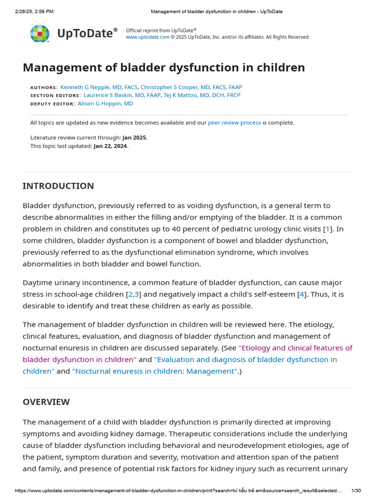 Management of Bladder Dysfunction in Children - UpToDate | PDF ...
