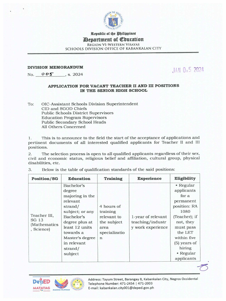 Division Memorandum No. 005 S 2024 Application For Vacant Teacher II ...
