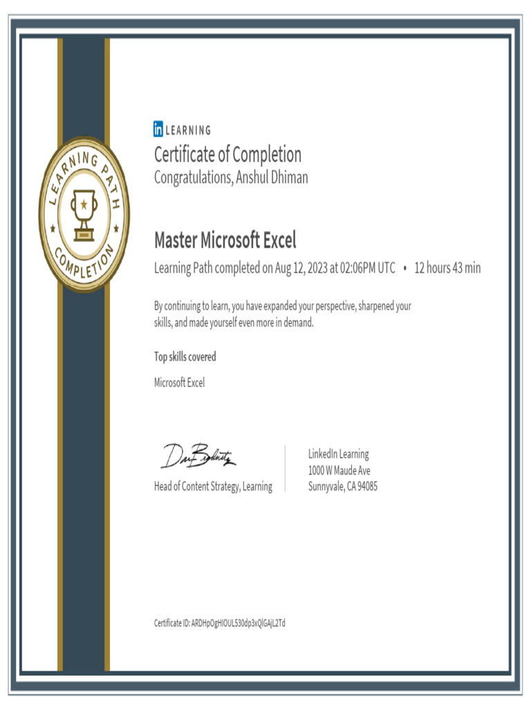 CertificateOfCompletion - Master Microsoft Excel | PDF