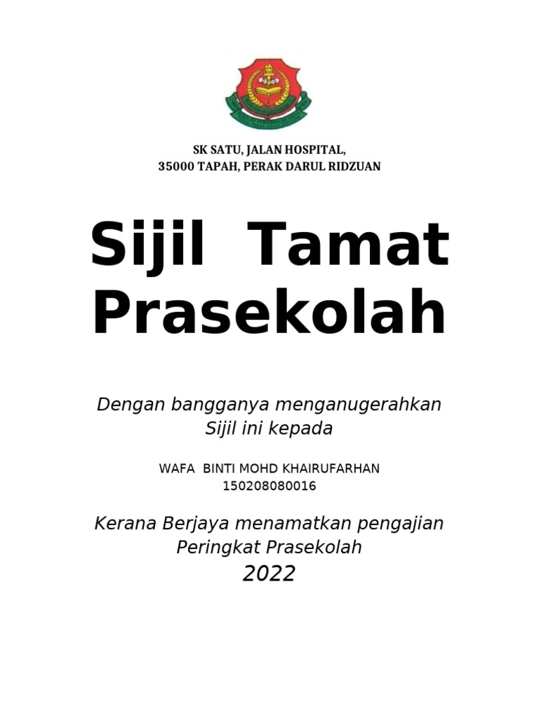 Templet Sijil Tamat Prasekolah 2022 | PDF