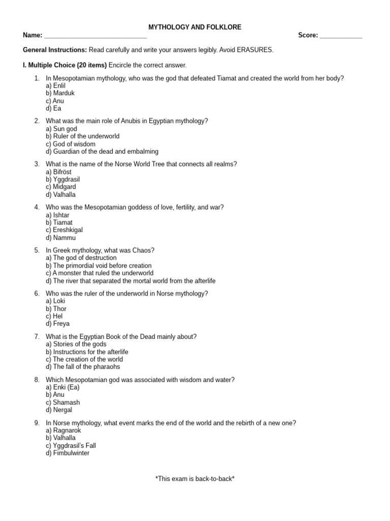Mythology and Folklore Exam Questions | PDF | Norse Mythology | Deities