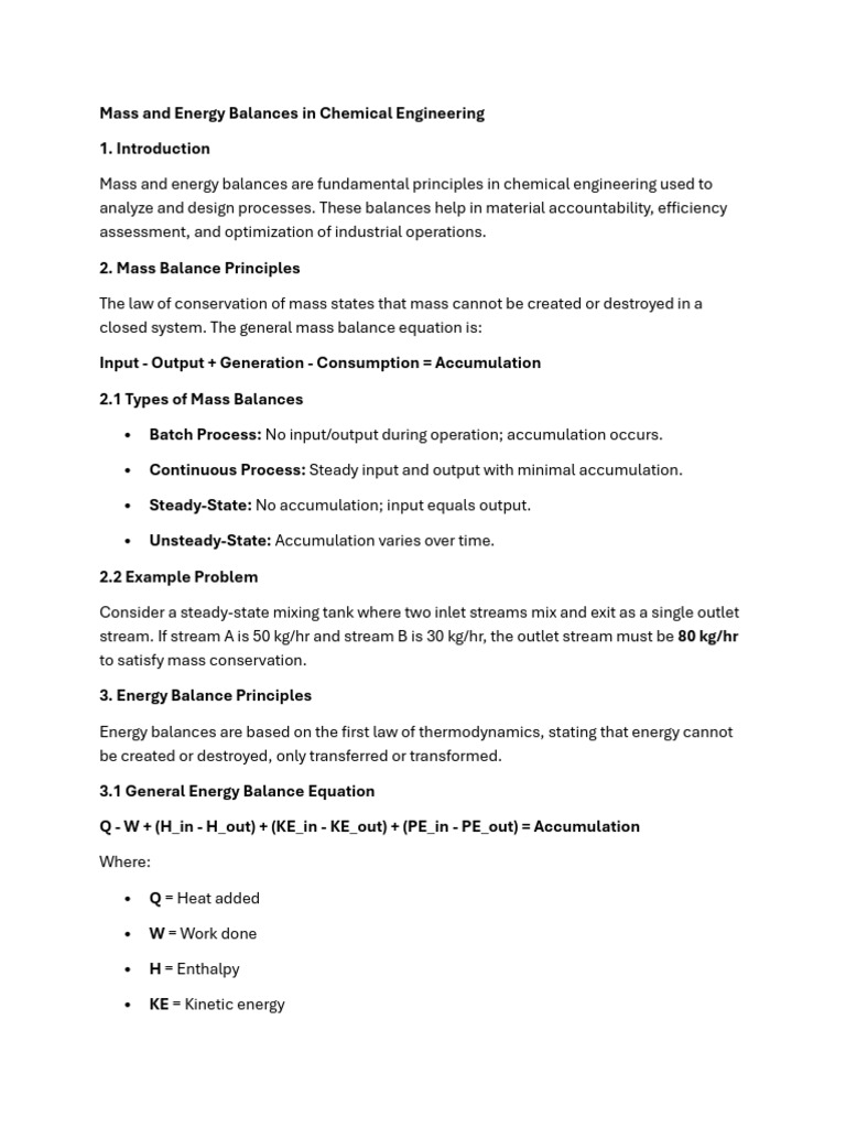 Mass and Energy Balances in Chemical Engineering | PDF