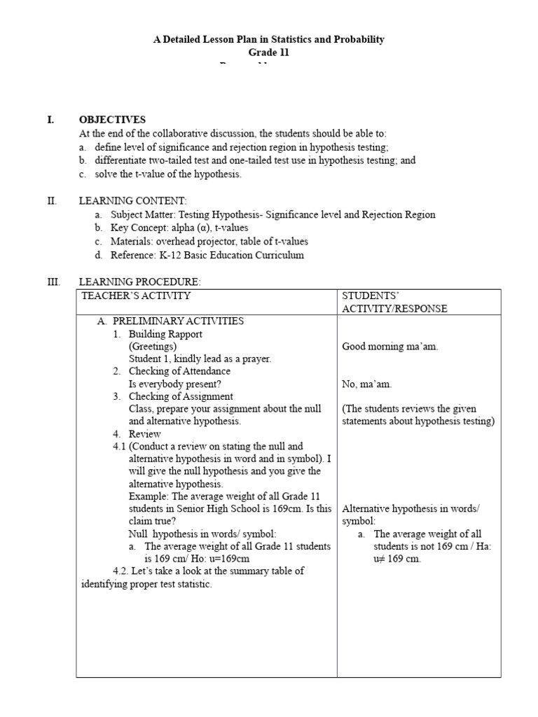 Grade 11 Hypothesis Testing Lesson Plan | PDF | Statistical ...